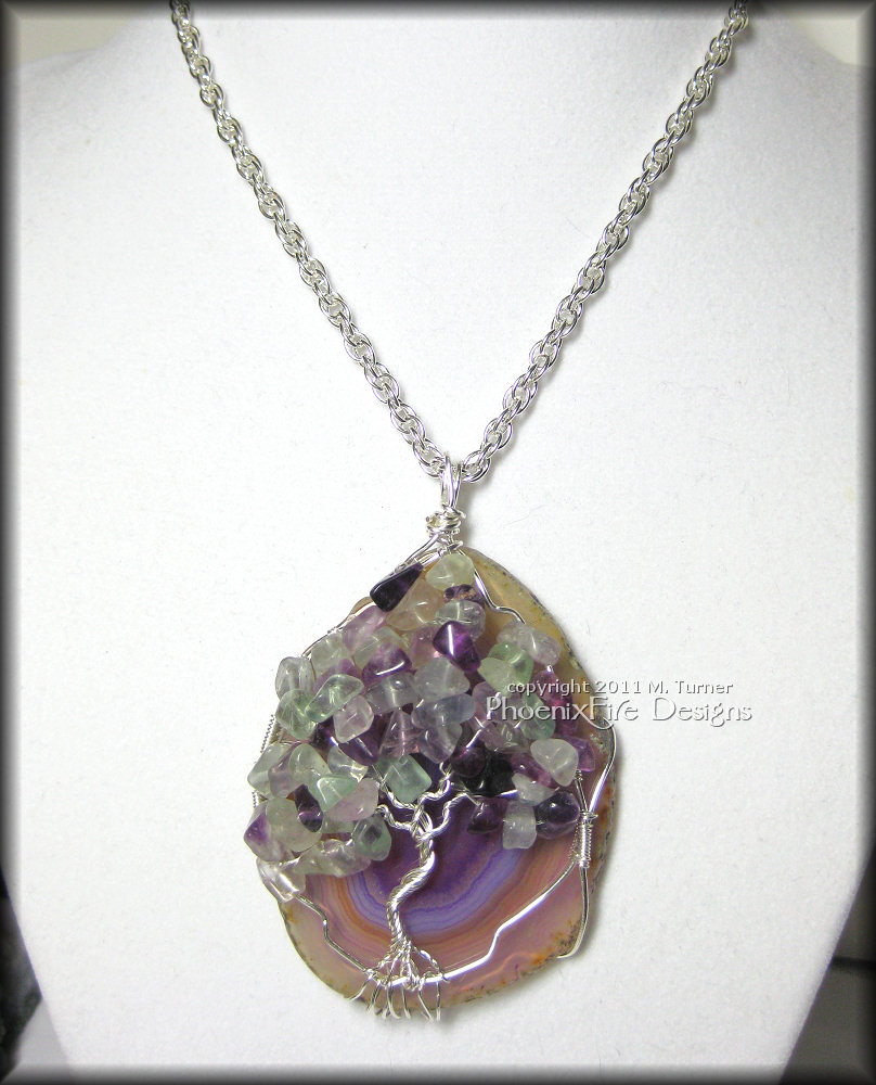 Purple Agate Geode Slice Tree of Life Pendant Fluorite Gemstone ...